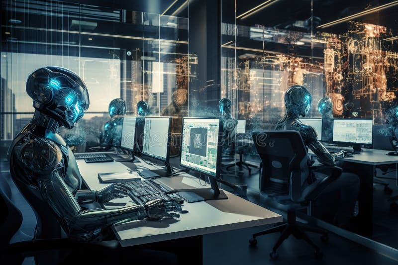 AI Robots Using Multiple Computers Working Monitoring Data in Office Generative AI Stock ...