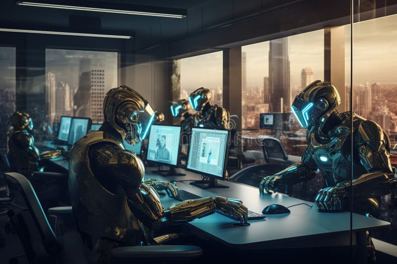 Ai Robots Using Multiple Computers Working Monitoring Data In Office Generative Ai Stock