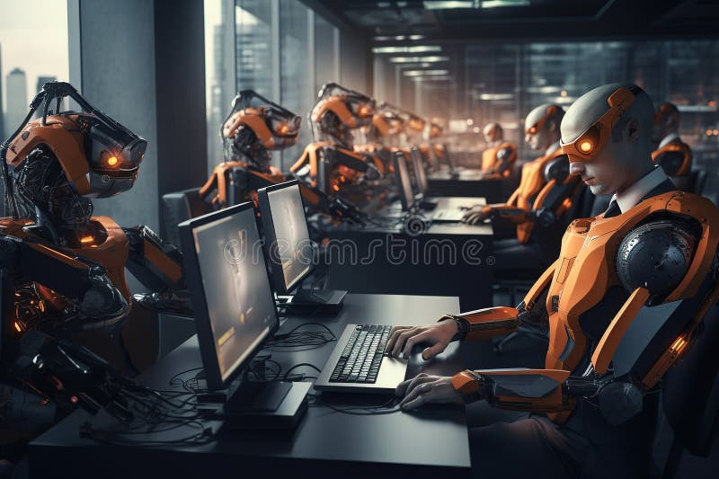 AI Robots Using Multiple Computers Working Monitoring Data in Office ...