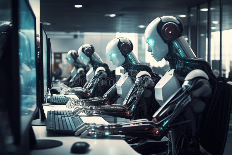 AI Robots Using Multiple Computers Working Monitoring Data in Office ...
