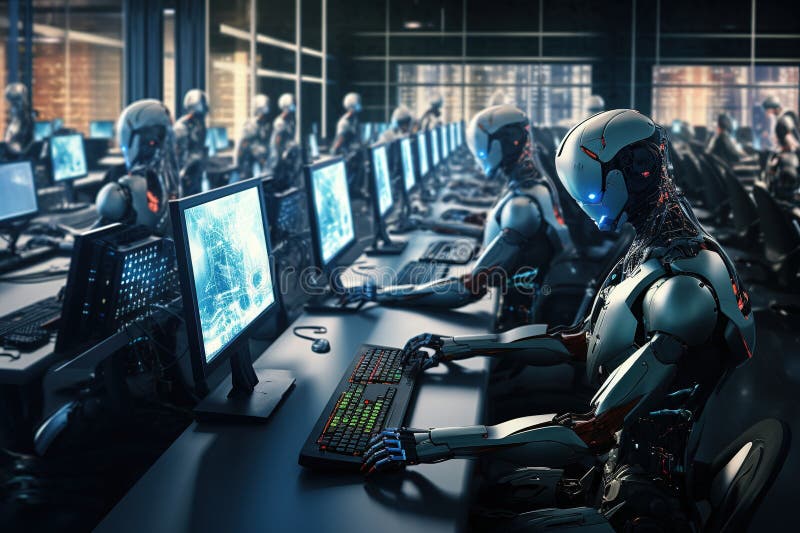 AI Robots Using Multiple Computers Working Monitoring Data in Office ...