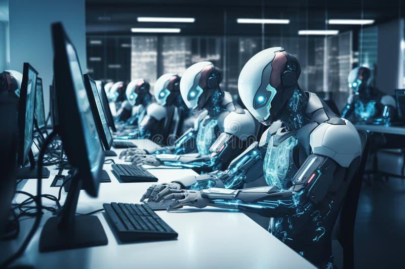 AI Robots Using Multiple Computers Working Monitoring Data in Office ...