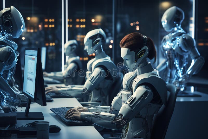 AI Robots Using Multiple Computers Working Monitoring Data in Office Generative AI Stock ...