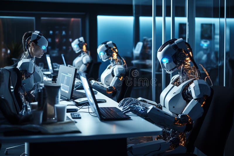 AI Robots Using Multiple Computers Working Monitoring Data in Office ...