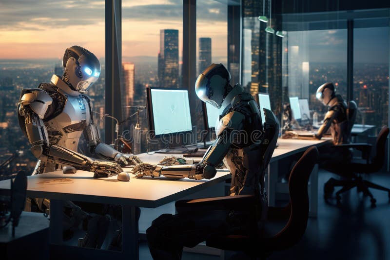 AI Robots Using Multiple Computers Working Monitoring Data in Office Generative AI Stock ...