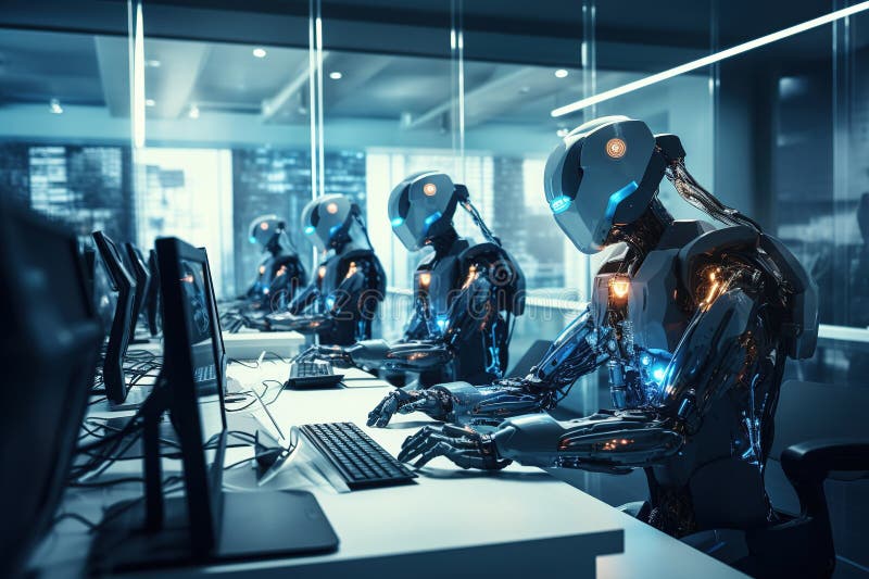 AI Robots Using Multiple Computers Working Monitoring Data in Office Generative AI Stock ...