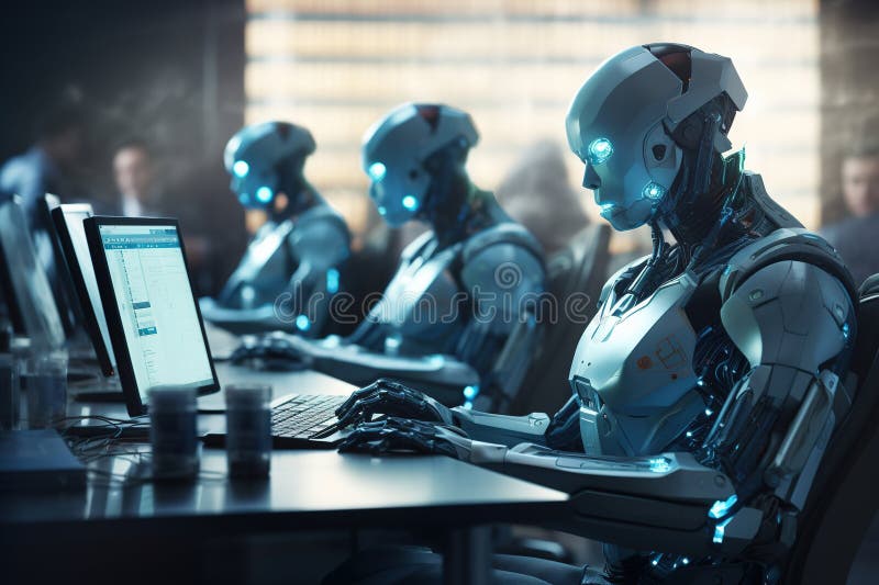 Ai Robots Using Multiple Computers Working Monitoring Data In Office 5662