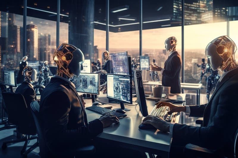 Ai Robots Using Multiple Computers Working Monitoring Data In Office