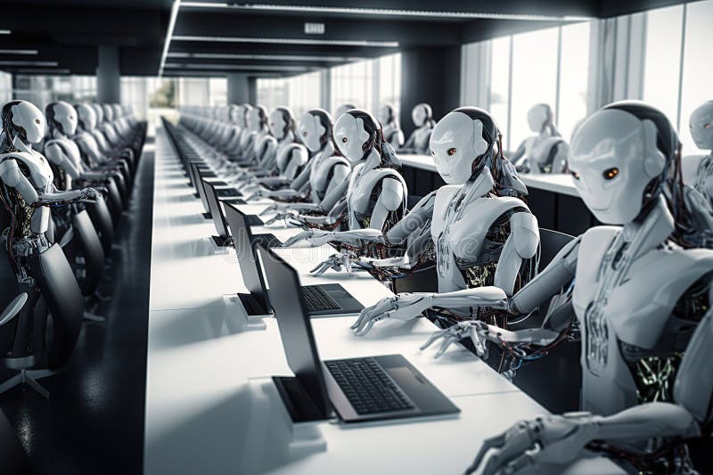 Ai Robots Using Multiple Computers Working Monitoring Data In Office Generative Ai Stock