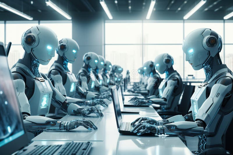 AI Robots Using Multiple Computers Working Monitoring Data in Office ...