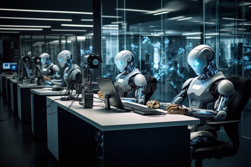 AI Robots Using Multiple Computers Working Monitoring Data in Office Generative AI Stock ...