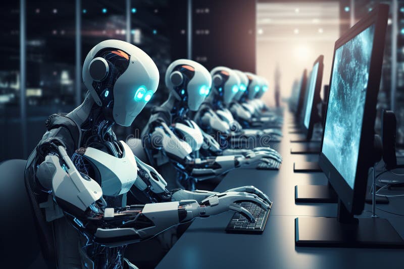 Ai Robots Using Multiple Computers Working Monitoring Data In Office Generative Ai Stock
