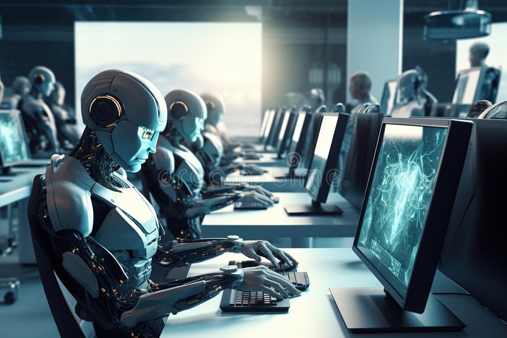 AI Robots Using Multiple Computers Working Monitoring Data in Office Generative AI Stock ...