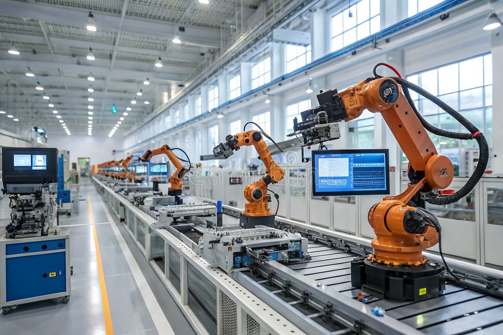 Ai Robots Working on Digital Assembly Line in Factory Stock Photo ...