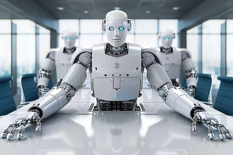 Ai Robots Working at Office Desk. Impact of Artificial Intelligence on ...