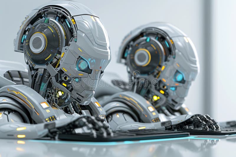 Ai Robots Working at Office Desk. Impact of Artificial Intelligence on ...