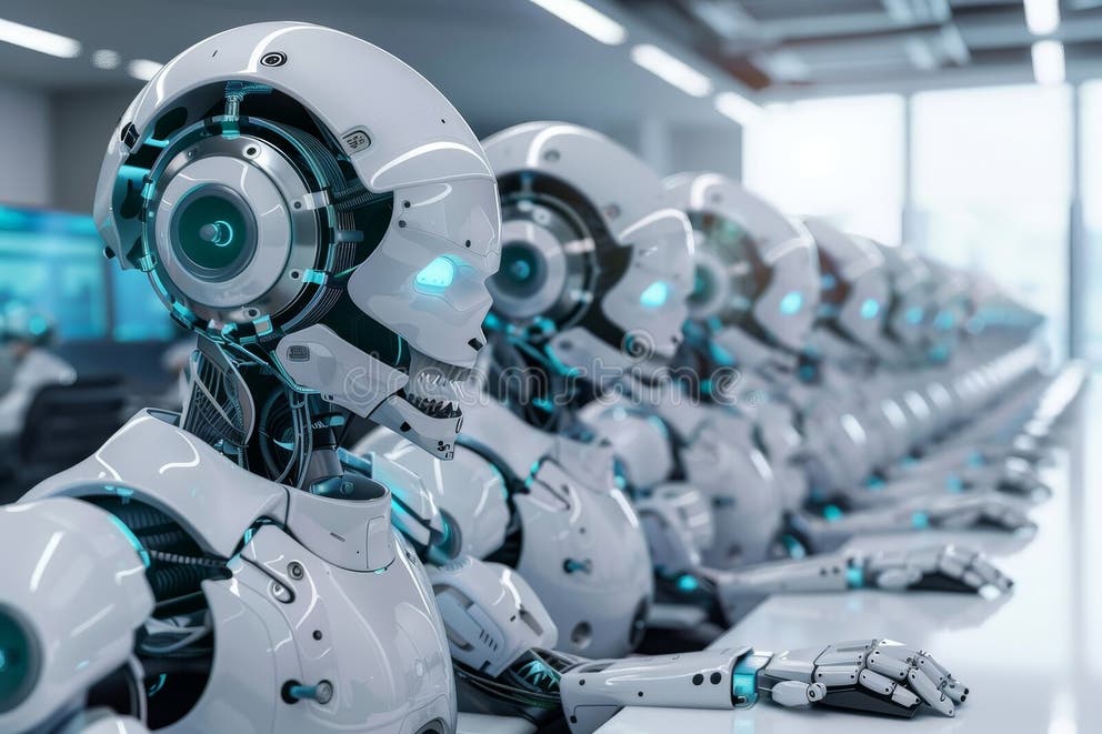 Ai Robots Working at Office Desk. Impact of Artificial Intelligence on ...