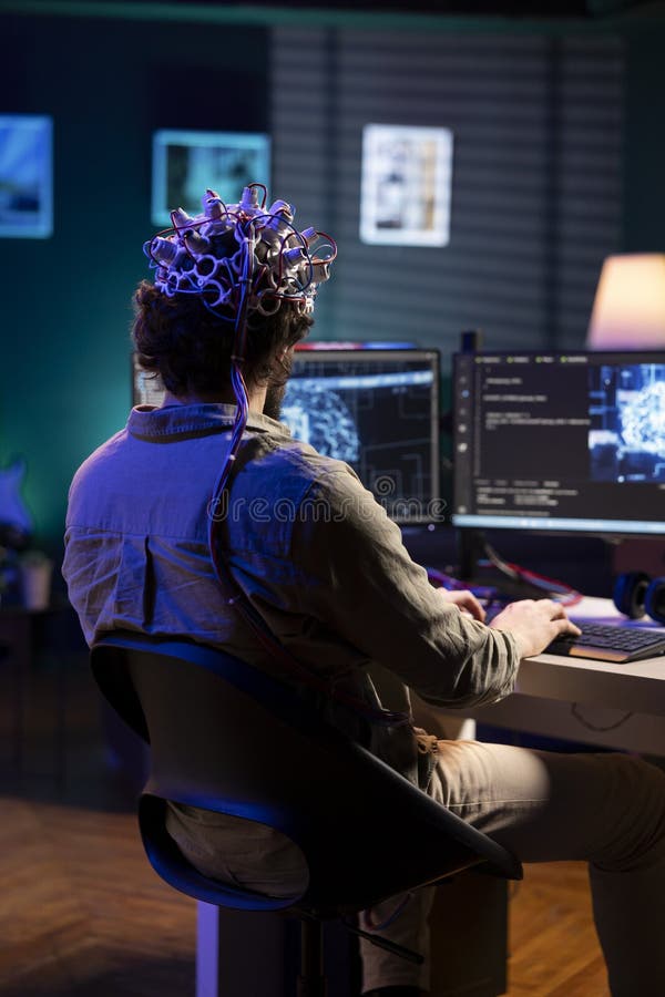 AI Scientist Uploading Consciousness into Computer, Using EEG Headset Stock Image - Image of ...