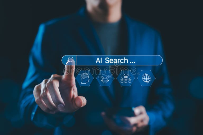 AI Search Engine Technology Concept. a Person Interacts with Search Bar ...