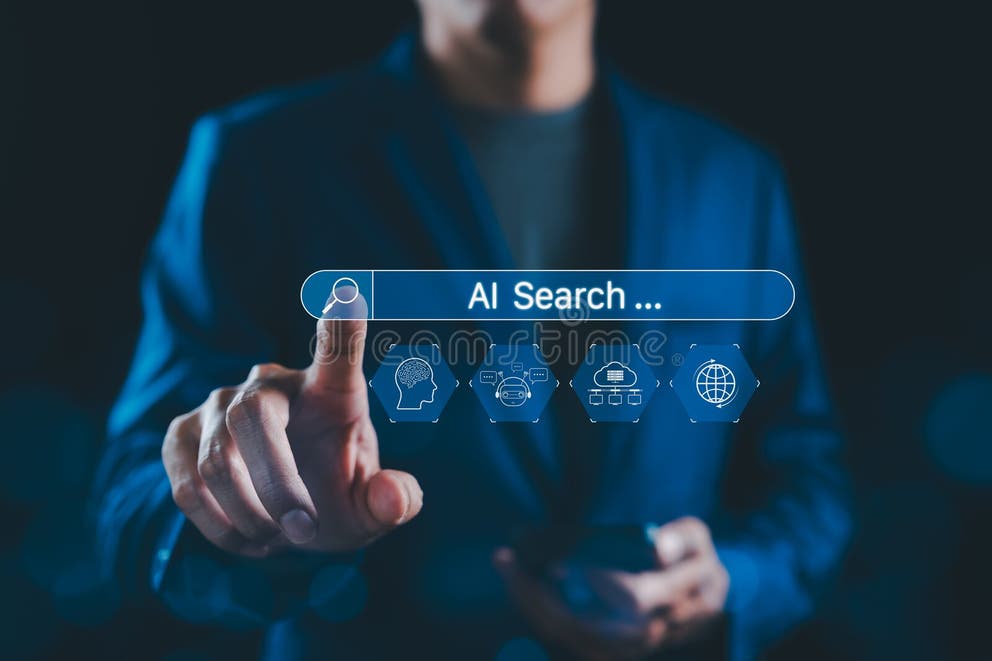 AI Search Engine Technology Concept. a Person Interacts with Search Bar ...