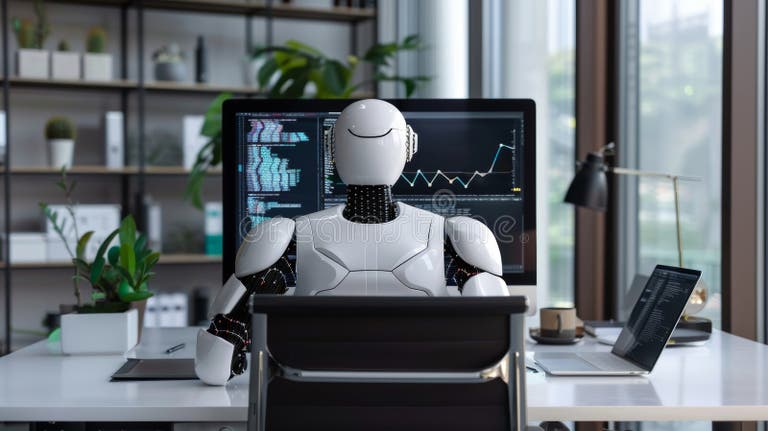 AI Secures Business Systems, Staring at Graph on Screen, at Laptop on ...