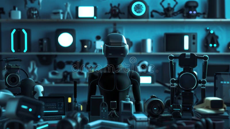 AI Shadow Surrounded by Futuristic Tech Gadgets Stock Illustration ...