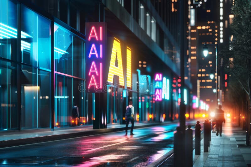 AI Signs in Neon Cityscape, Digital Art, Technology Innovation ...