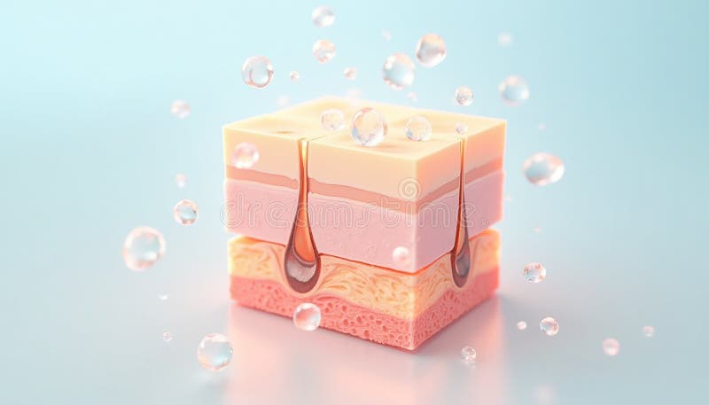 AI Skin Layers with Water Molecules, Light Blue Background, 3D Stock ...
