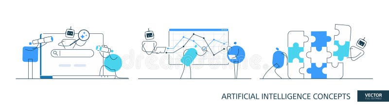 AI Solution Illustrations Set in Thin Line Style. Robot Search Abstract ...