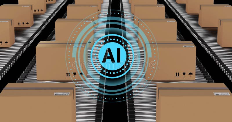 AI Symbol Over Boxes Moving on Conveyor Belts in Warehouse Animation ...