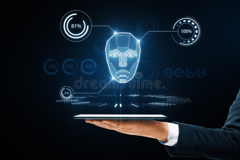 AI System in Hologram Human Head with HUD Display Elements. Artificial ...