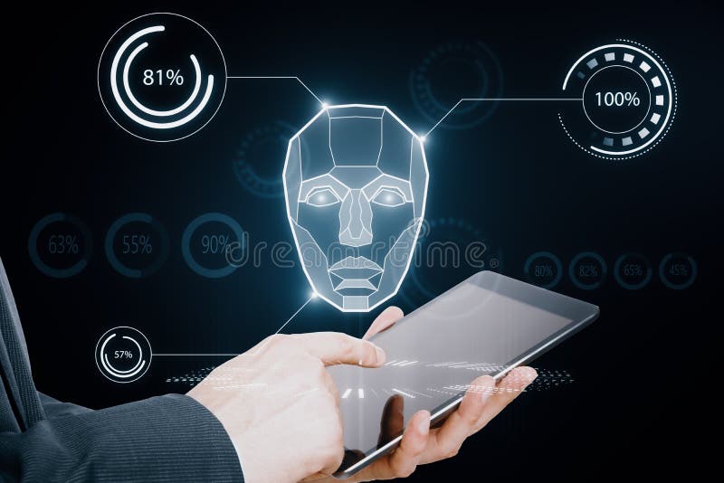 AI System in Hologram Human Head with HUD Display Elements. Artificial ...