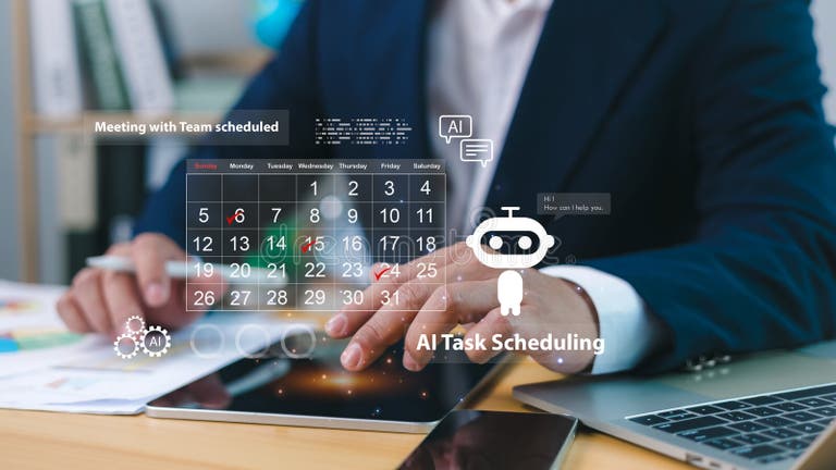 AI Task Scheduling Timeline, AI-enhanced Tools Empower Teams Manage Workloads, Businessman ...