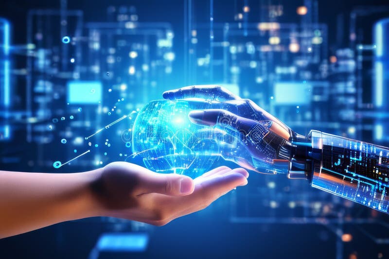 AI Technology Bridge, Human and Robot Hand Touching Stock Illustration ...