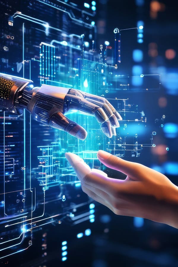 AI Technology Bridge, Human and Robot Hand Touching Stock Illustration ...