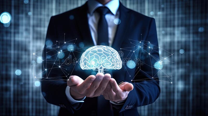 AI Technology. Businessman Talking with Virtual Digital Brain Stock ...