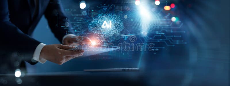 Ai Technology Businessman Touch Brain Working Data And Algorithm Of Artificial Intelligence In