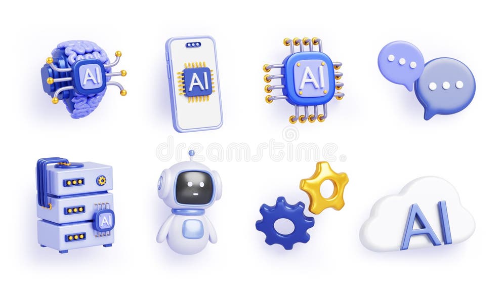 AI Technology Cartoon 3d Render Icon Set. Artificial Intelligence Robot ...