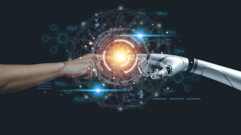 AI Technology Concept, Machine Learning, Robot Hand Touching Human Hand ...