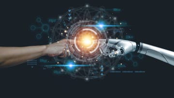 AI Technology Concept, Machine Learning, Robot Hand Touching Human Hand ...