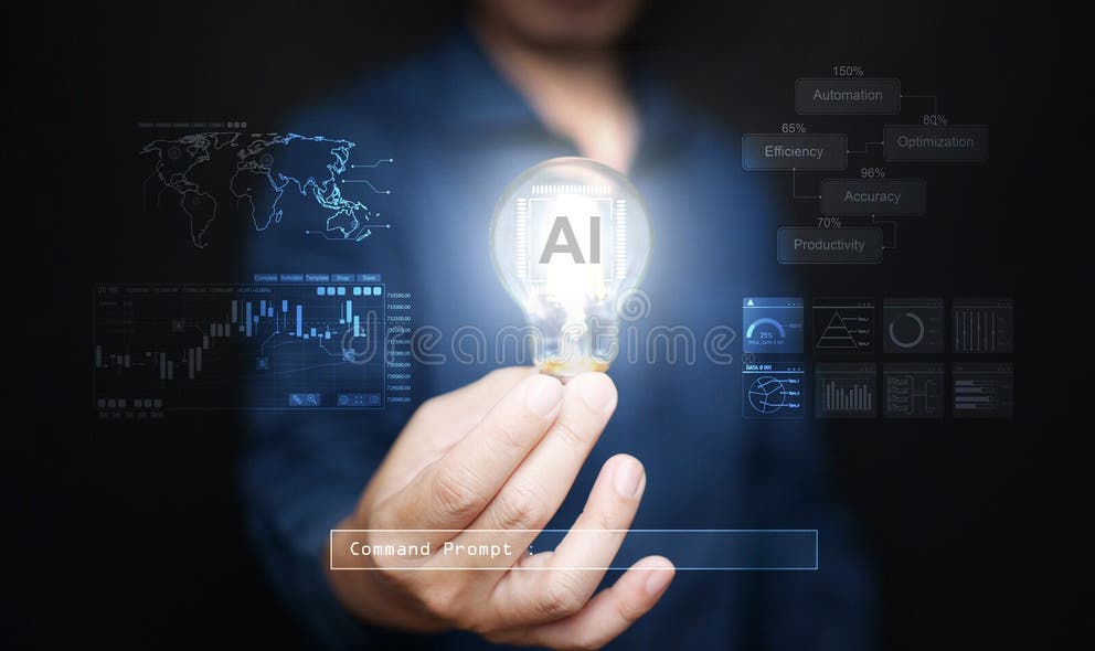 AI Technology Concept. Man Holds Illuminated Light Bulb with Smart Ai ...