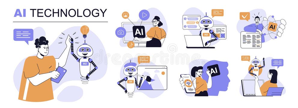 AI Technology Concept Set in Flat Web Design. People in Isolated Scenes ...