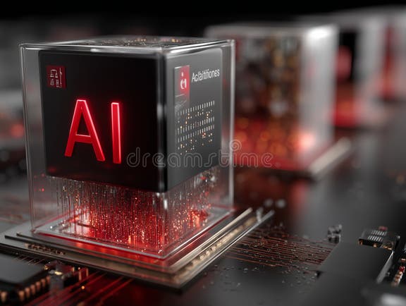 AI Technology Cube with Glowing Red Letters on Circuit Board Background ...