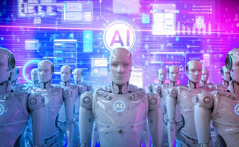 Ai Technology with Group of Humanoid Robots with Graphic Interface Stock Illustration ...