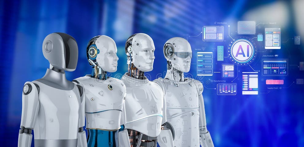 Ai Technology with Group of Humanoid Robots with Hud Graphic Interface ...