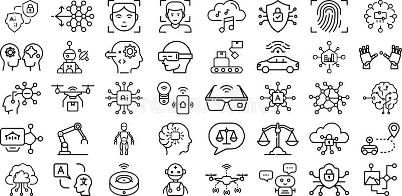 AI Technology Icon Set, Black and White, Vector Illustration, Perfect ...