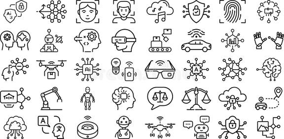 AI Technology Icon Set, Black and White, Vector Illustration, Perfect ...