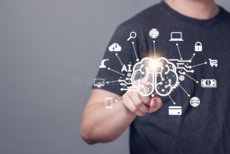 AI Technology, IOT. Man Touching Virtual Screen To Interact with AI ...
