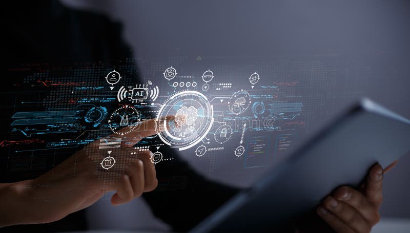 AI Technology on Mobile Devices with Various Features. Female Hand ...