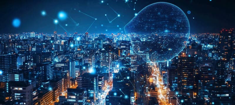 AI Technology and Smart City Digital Brain Over Skyline, Symbolizing ...